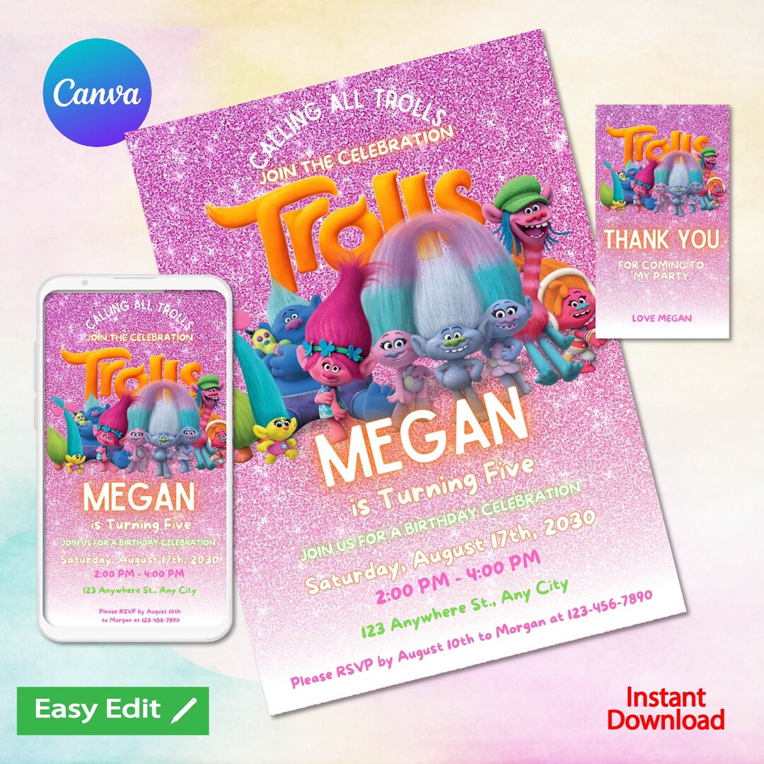 Editable Trolls Poppy Birthday Invitation | Trolls Girls Invite ...