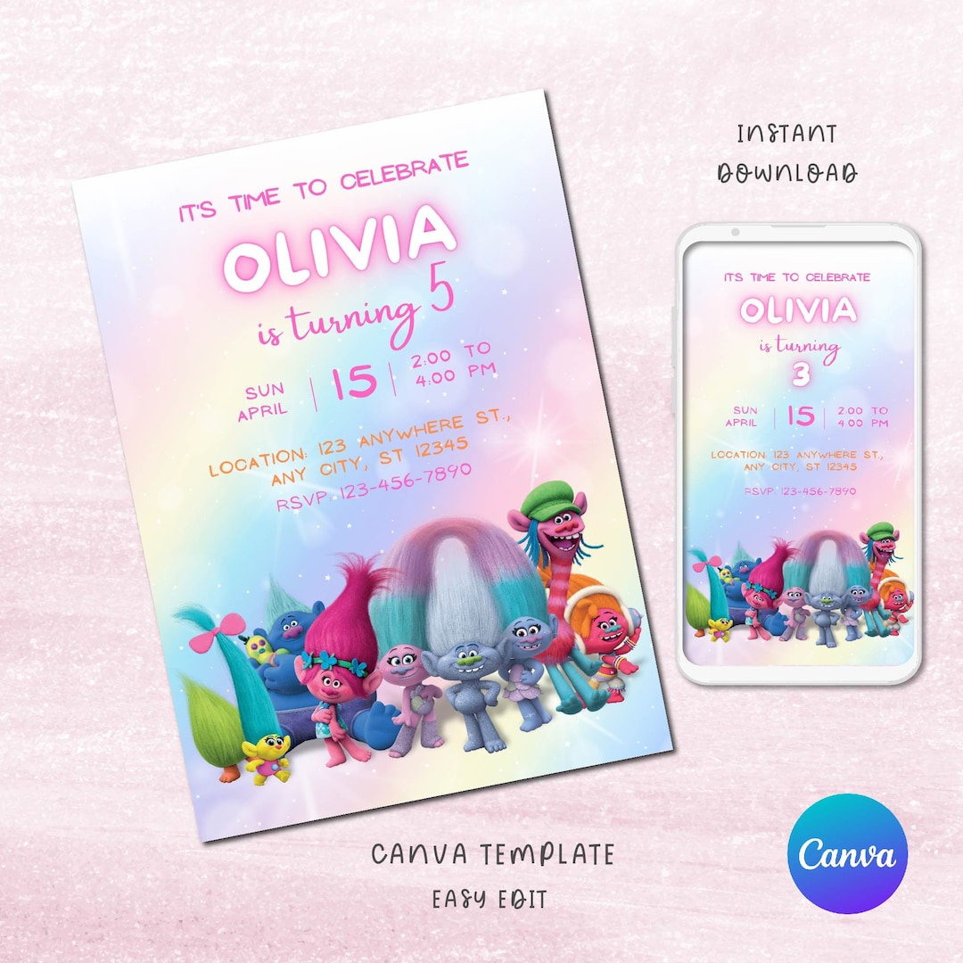 Editable Trolls Poppy Birthday Invitation | Trolls Girls Invite ...