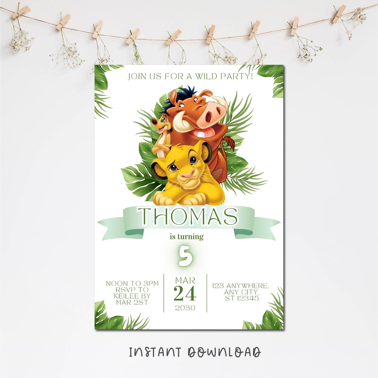 Lion King Birthday Invitation Boy Simba Timon Pumba Jungle Animals ...