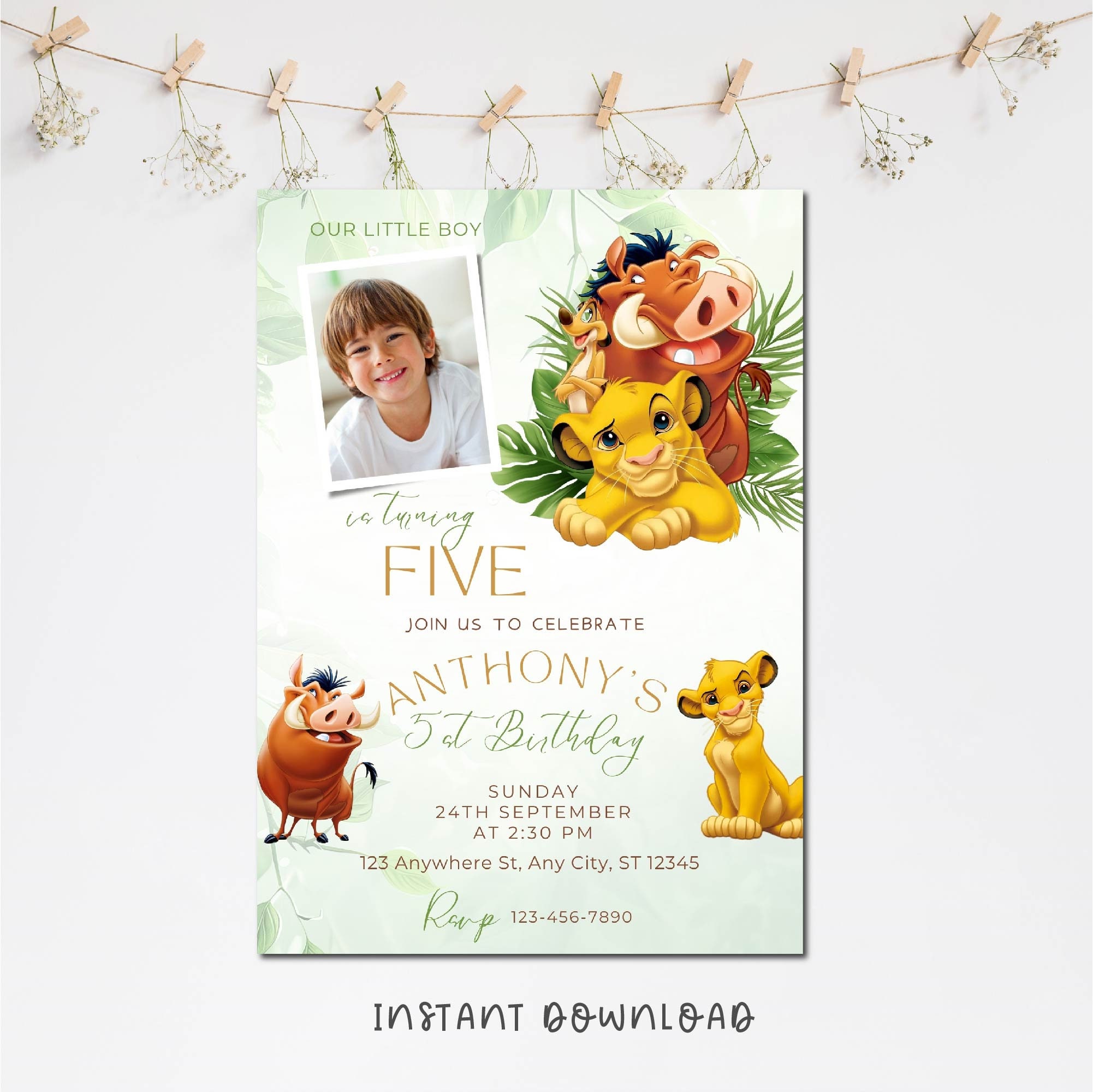 Lion King Birthday Invitation Boy Simba Timon Pumba Jungle Animals ...