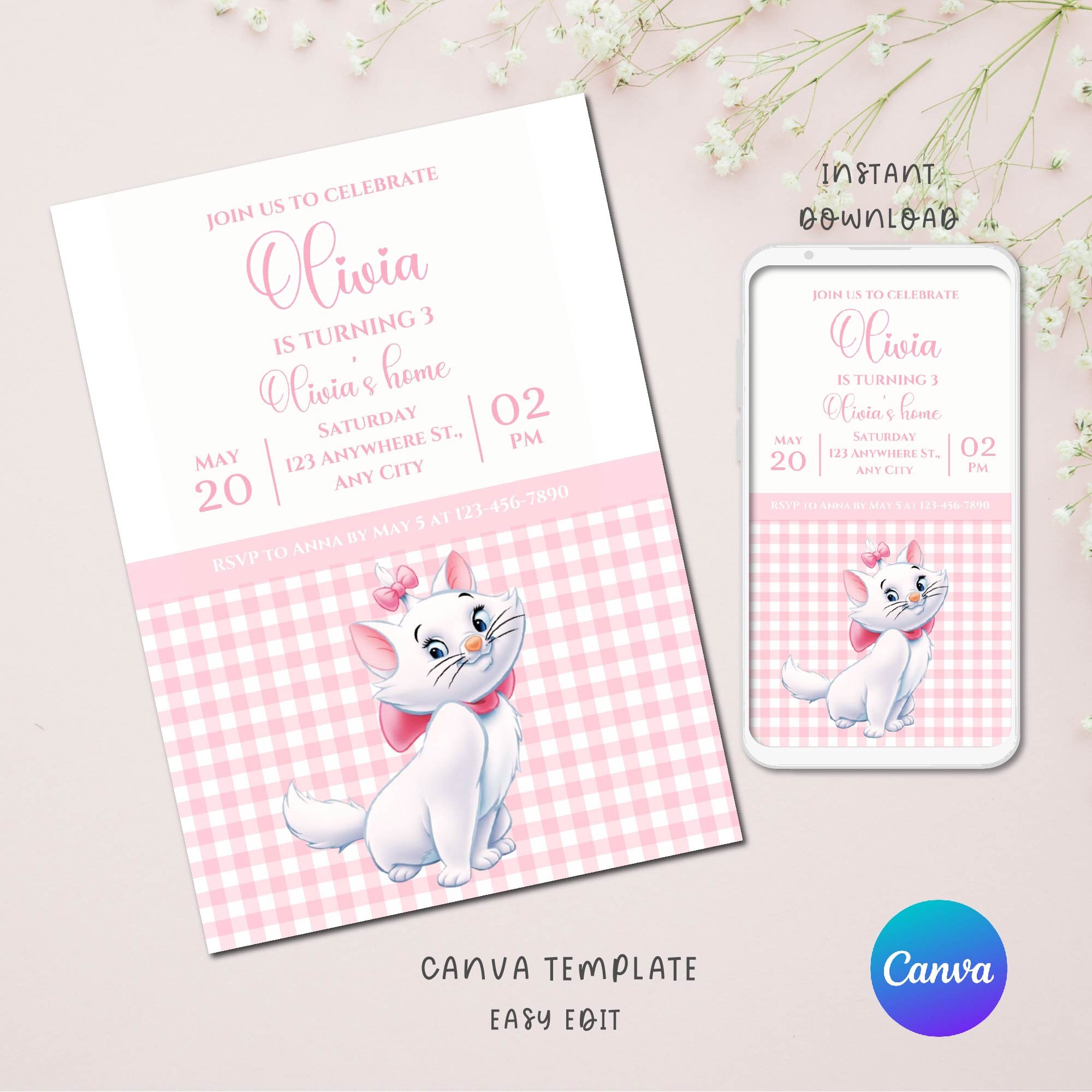 Marie & Aristocats Printable Invitation, Marie Aristocats Invite, Marie ...