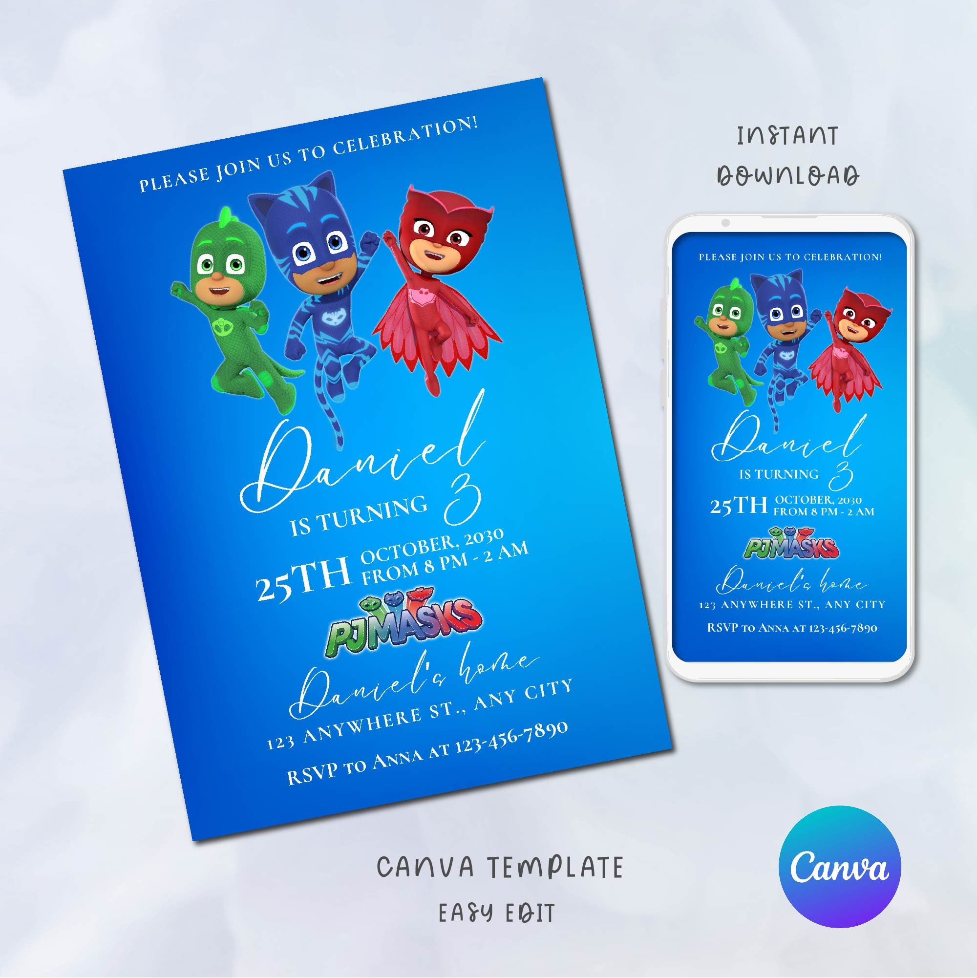 Editable Pj Masks Birthday Invitation Template, PJM Birthday Invitation ...
