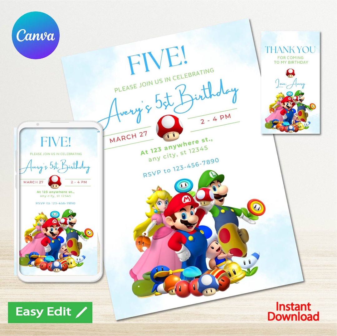 Mario Bros Invitation, Super Mario Birthday Invitation, Super Brothers ...