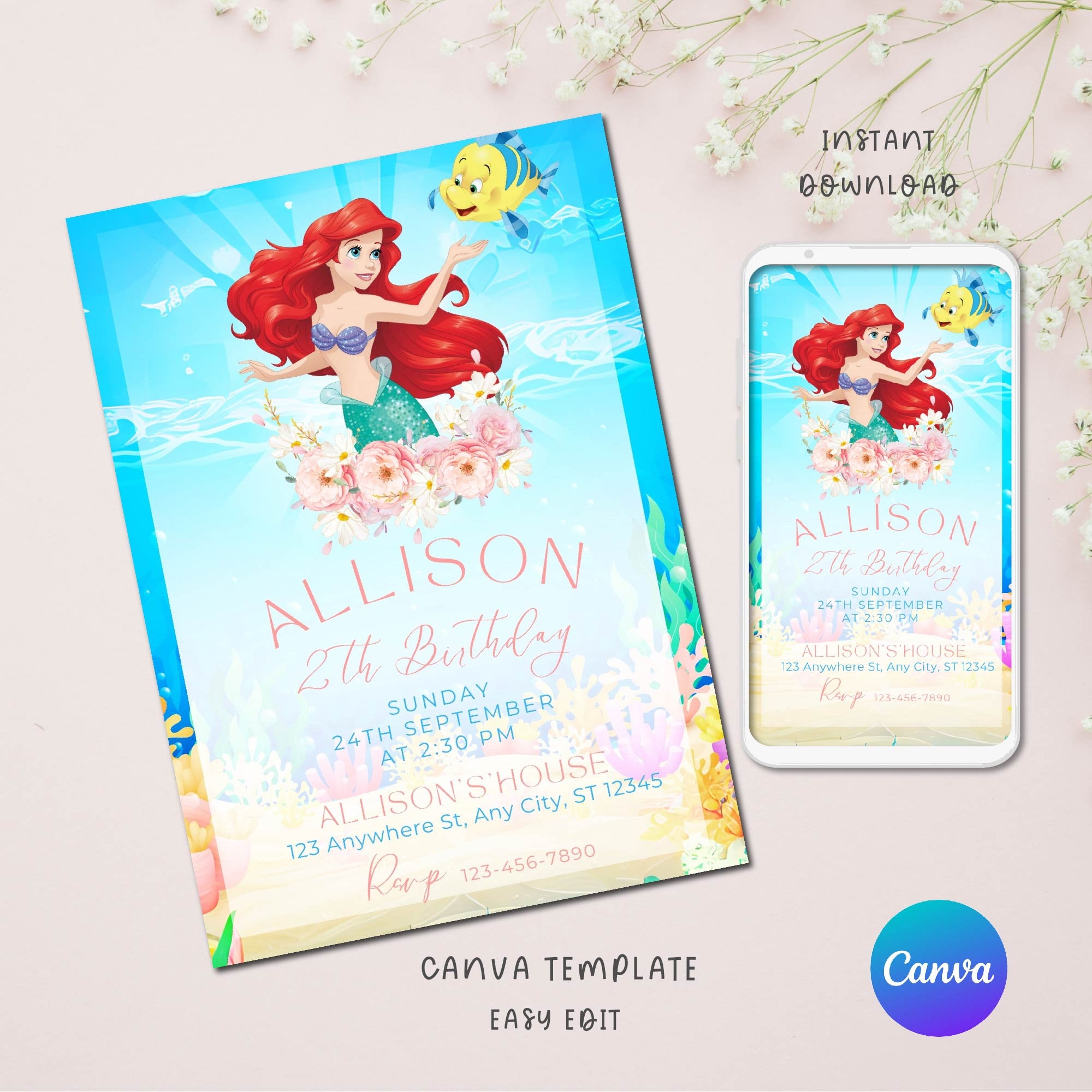 Editable Little Mermaid Ariel Birthday Invitation, Little Mermaid ...