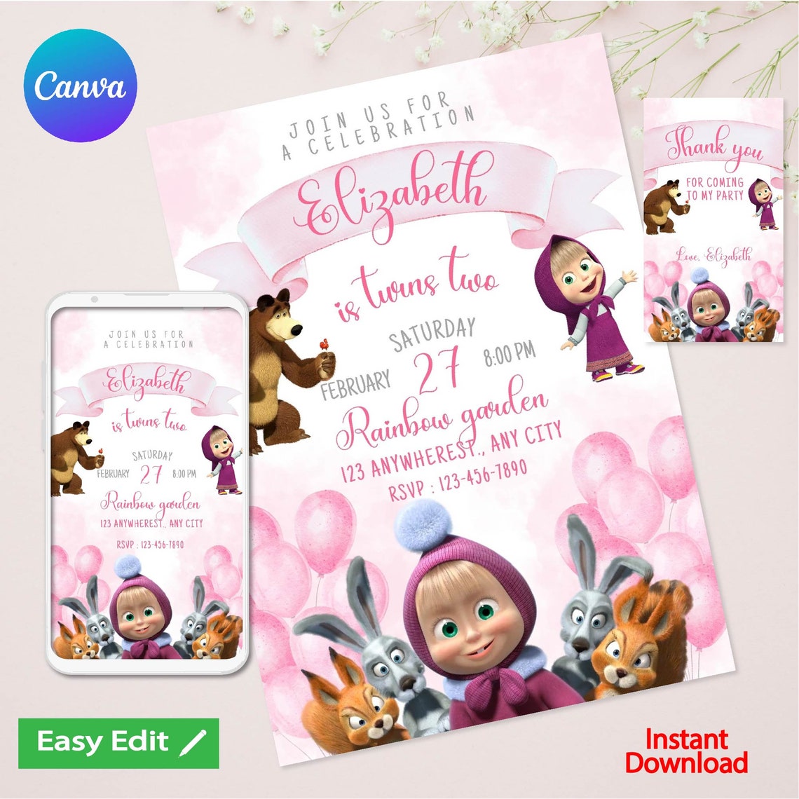 Editable Masha and the Bear Birthday Invitation Template, Printable ...