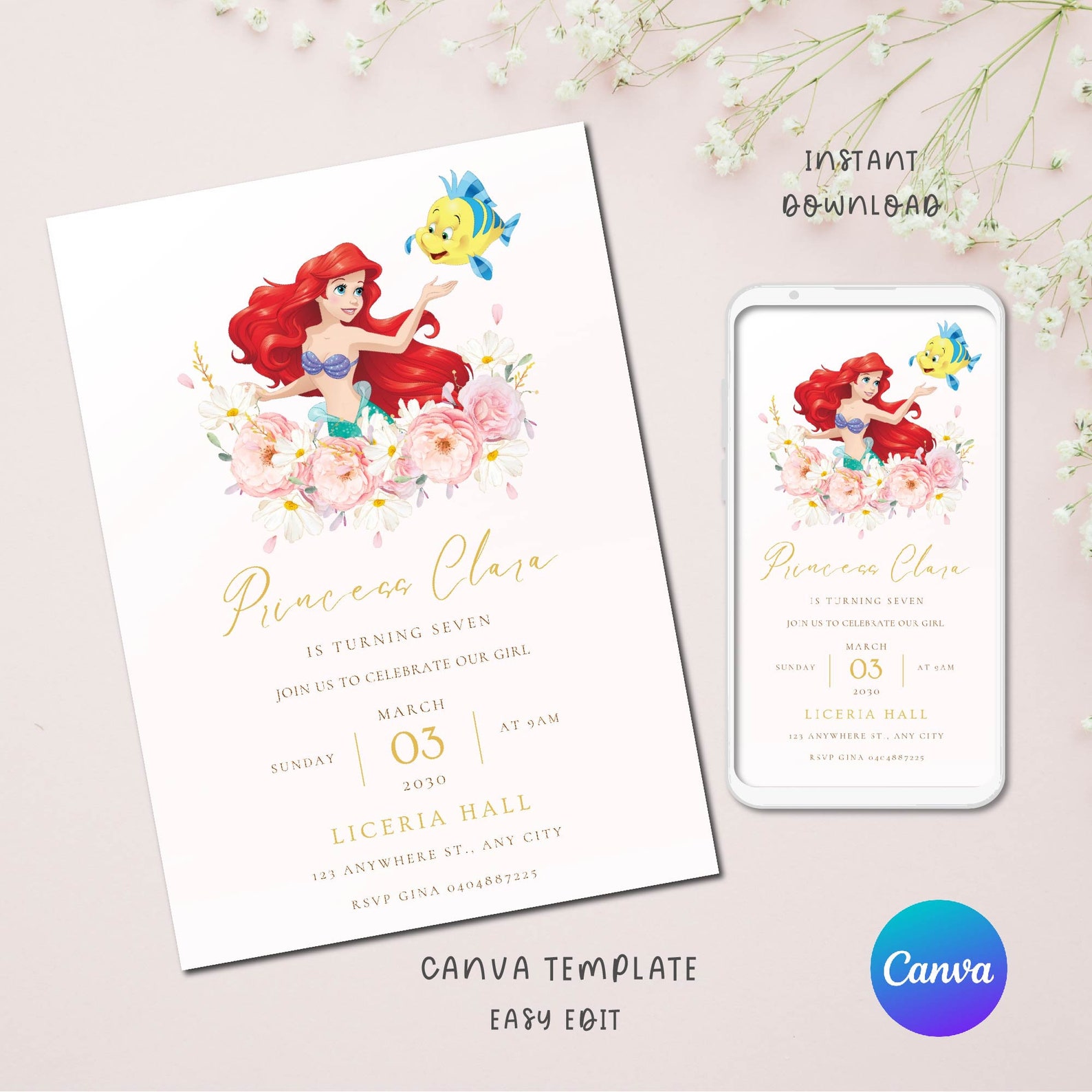 Editable Little Mermaid Ariel Birthday Invitation, Little Mermaid ...