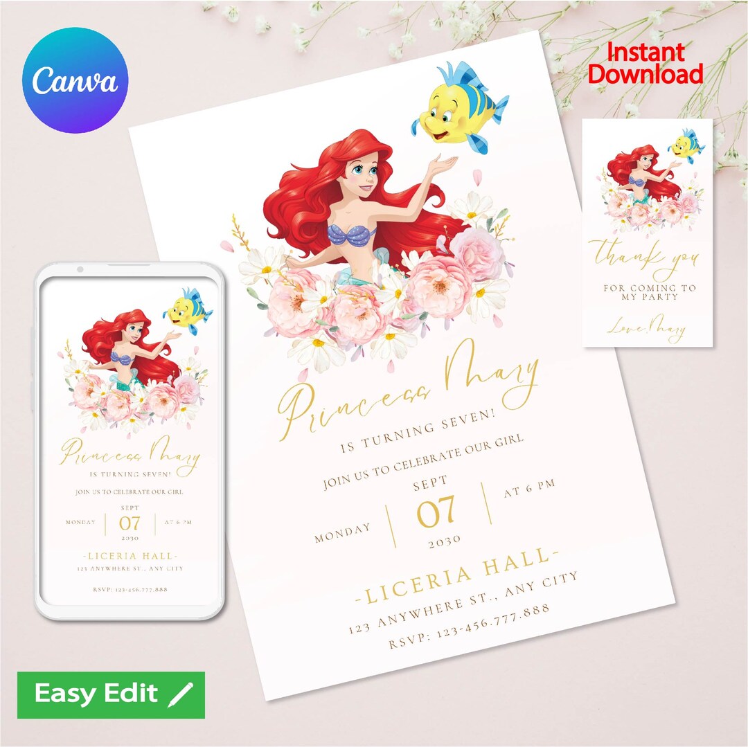 Editable Little Mermaid Ariel Birthday Invitation, Little Mermaid ...