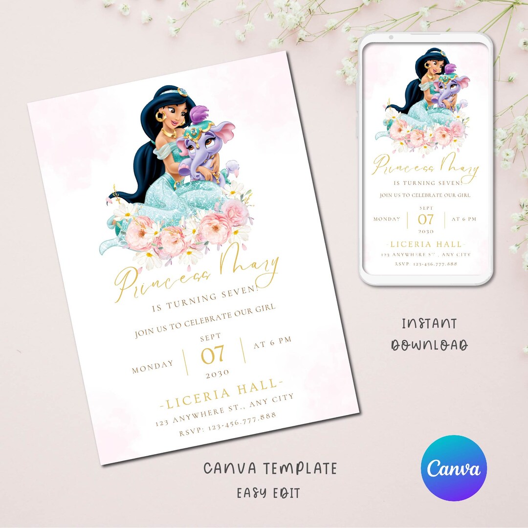 Princess Jasmine Birthday Invitation Template, Printable Birthday Party ...