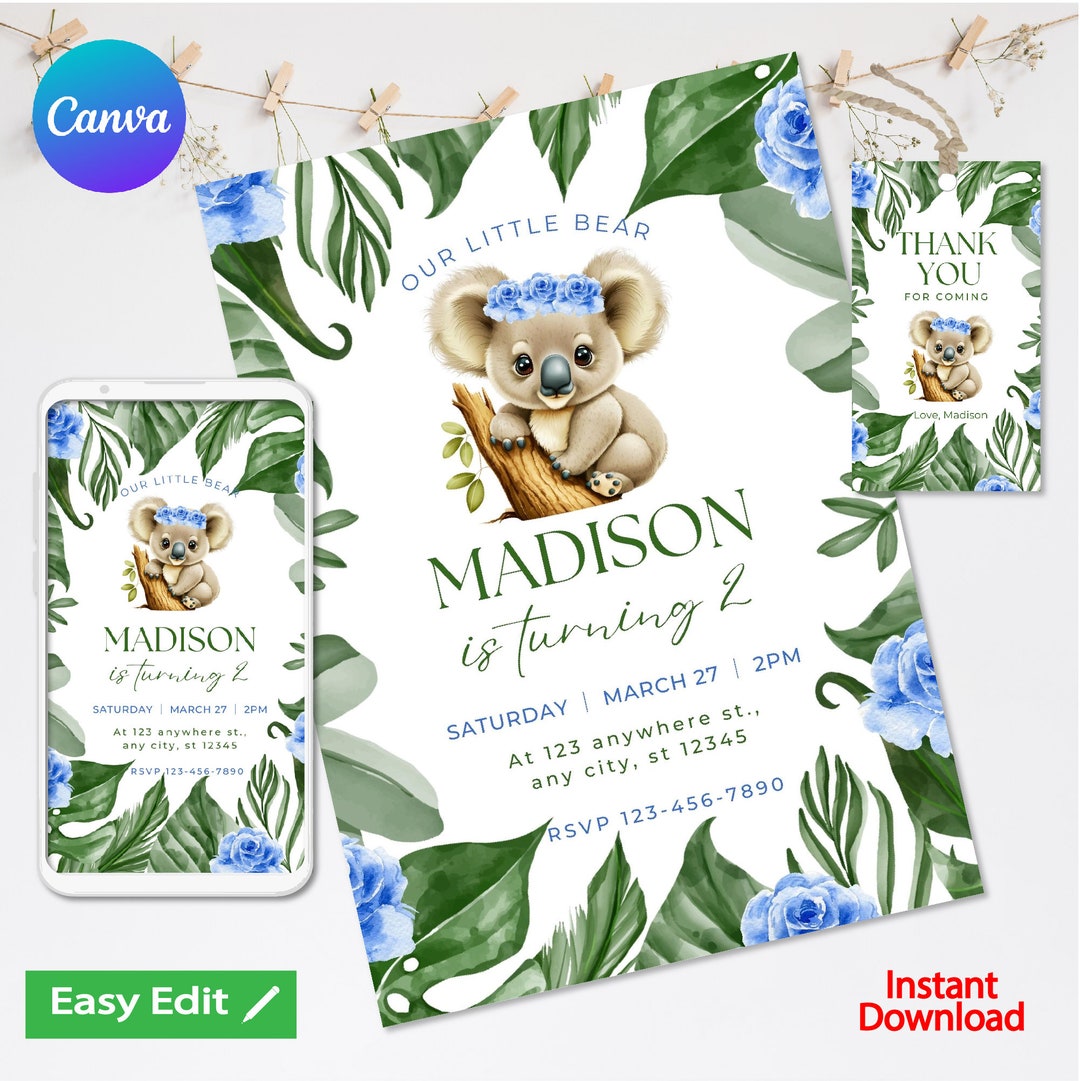 Koala Boy Birthday Invitation, Boy Birthday Invitation, Koala Bear ...