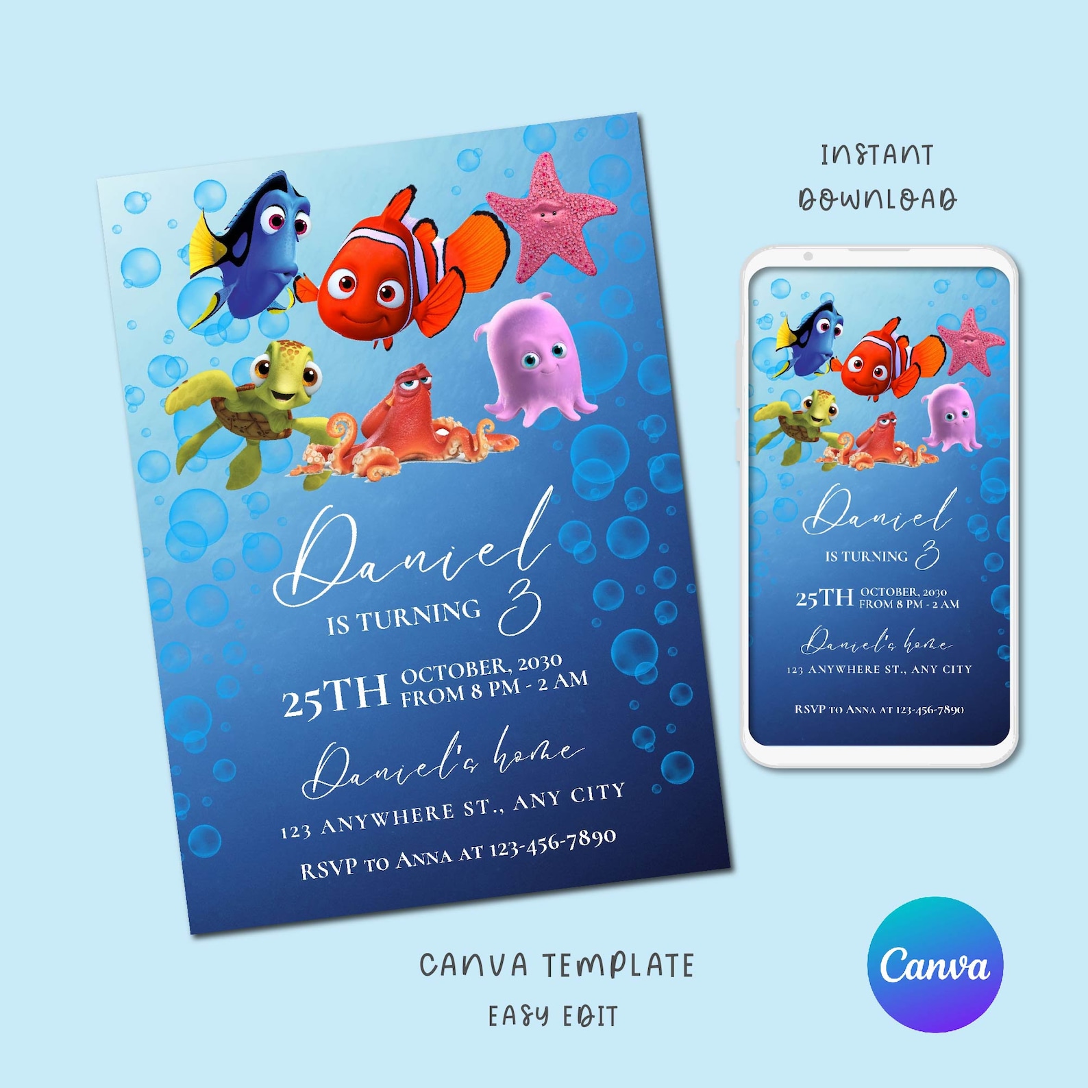 Printable Nemo Birthday Invitation, Dory Invite, Under the Sea Party ...
