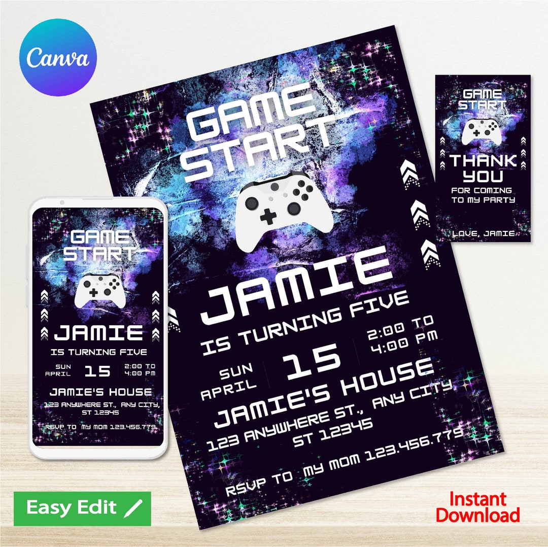 Video Game Birthday Invitation Template, Video Game Invitation, Neon ...