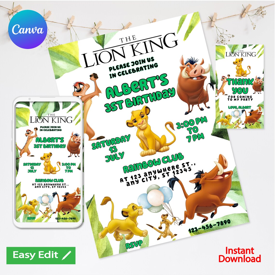 Lion King Birthday Invitation Boy Simba Timon Pumba Jungle Animals ...