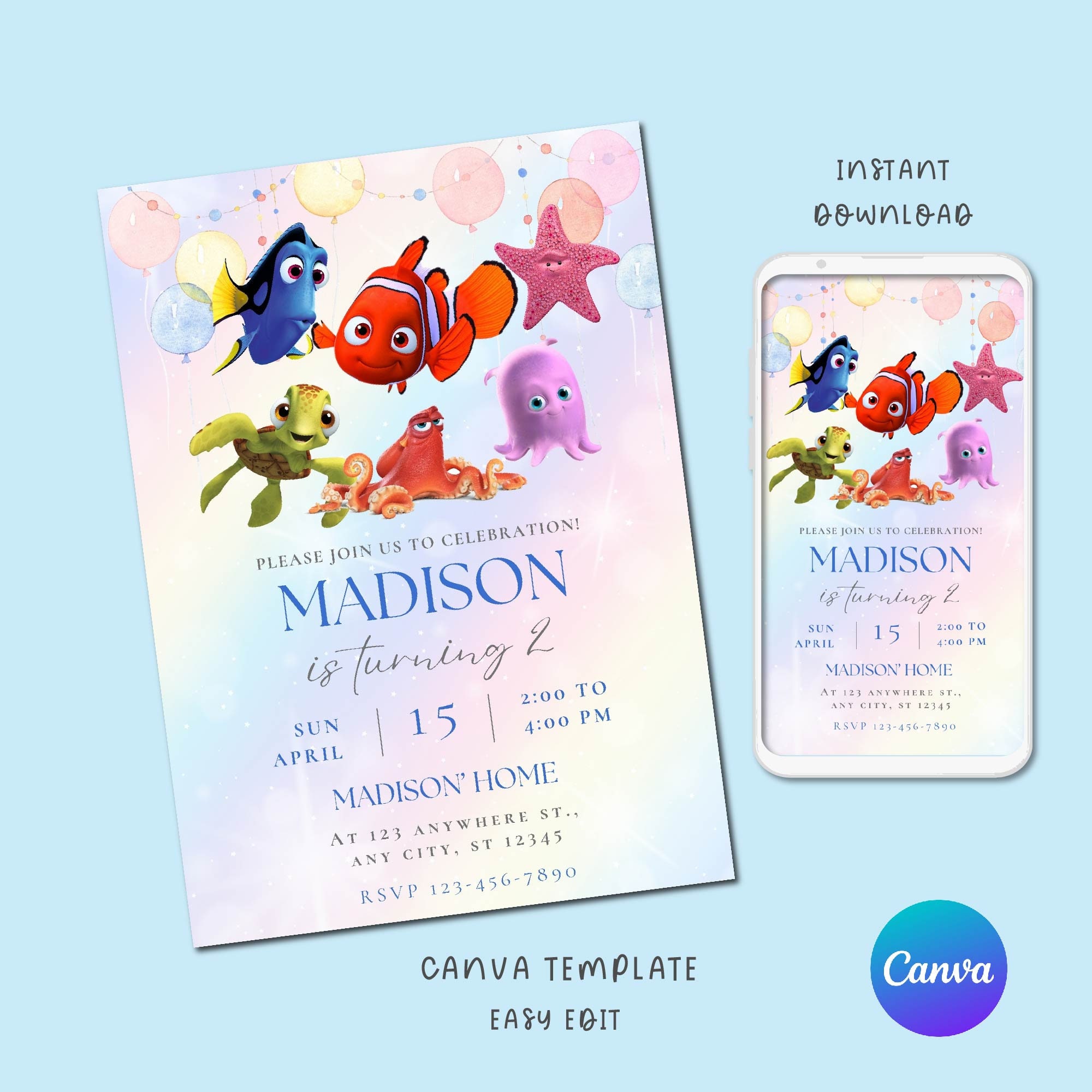 Printable Nemo Birthday Invittion, Dory Invite, Under the Sea Party ...