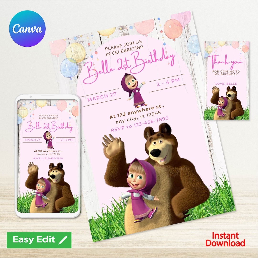 Editable Masha and the Bear Birthday Invitation Template, Printable ...
