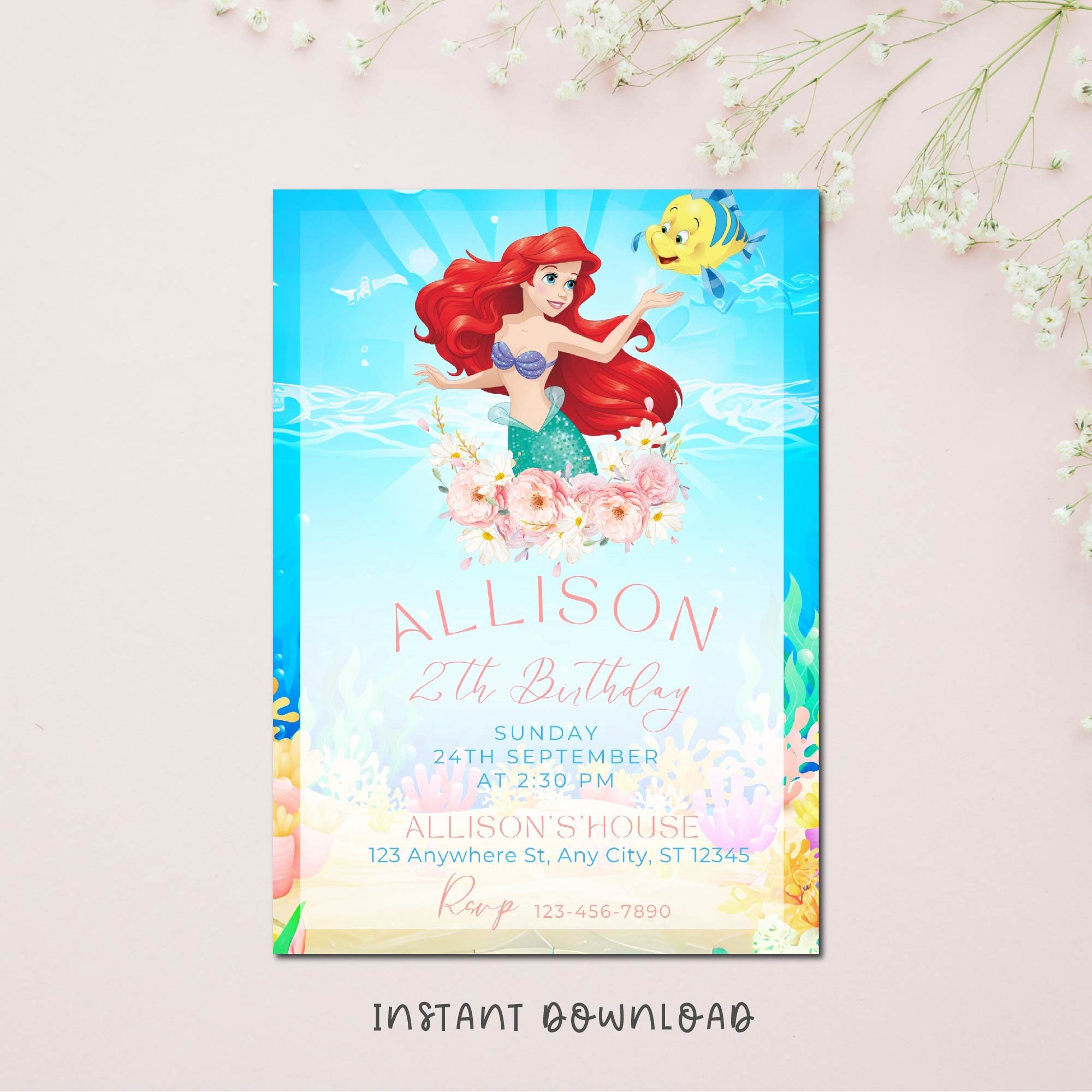 Editable Little Mermaid Ariel Birthday Invitation, Little Mermaid ...