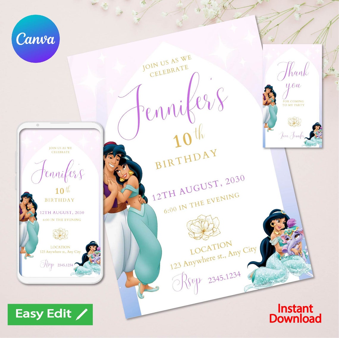 Princess Jasmine Birthday Invitation Template, Printable Birthday Party ...