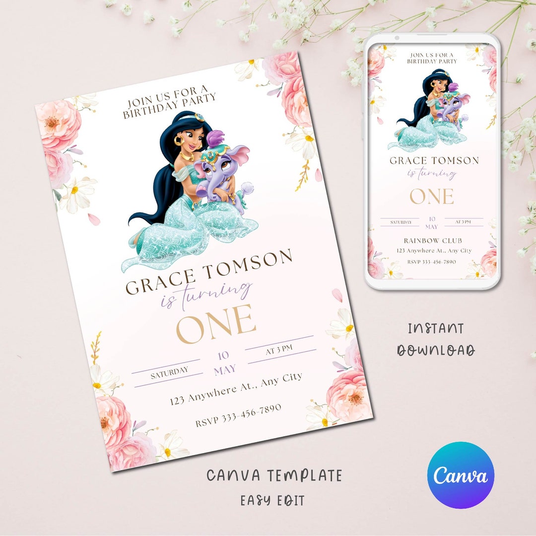 Princess Jasmine Birthday Invitation Template, Printable Birthday Party ...