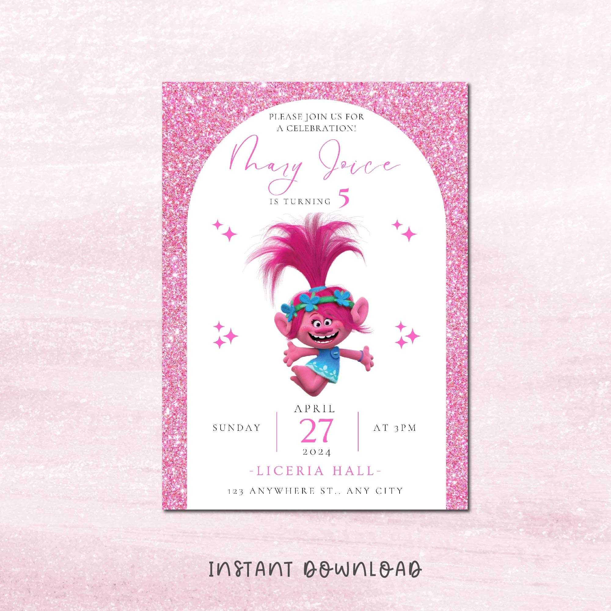 Editable Trolls Poppy Birthday Invitation | Trolls Girls Invite ...