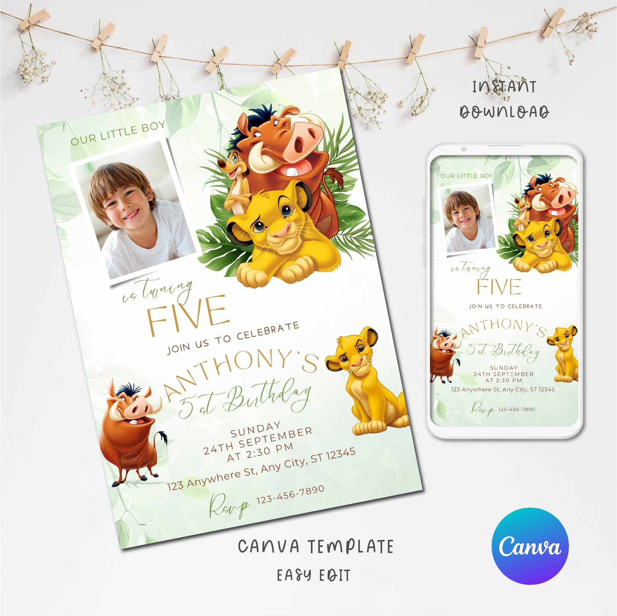 Lion King Birthday Invitation Boy Simba Timon Pumba Jungle Animals ...