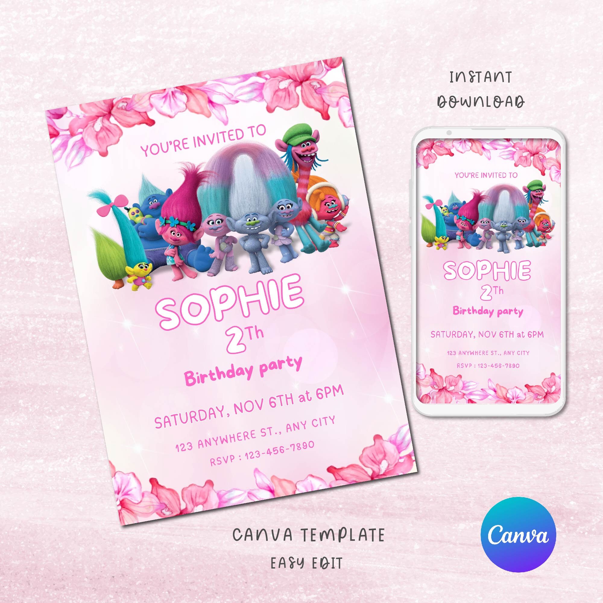 Editable Trolls Poppy Birthday Invitation | Trolls Girls Invite ...