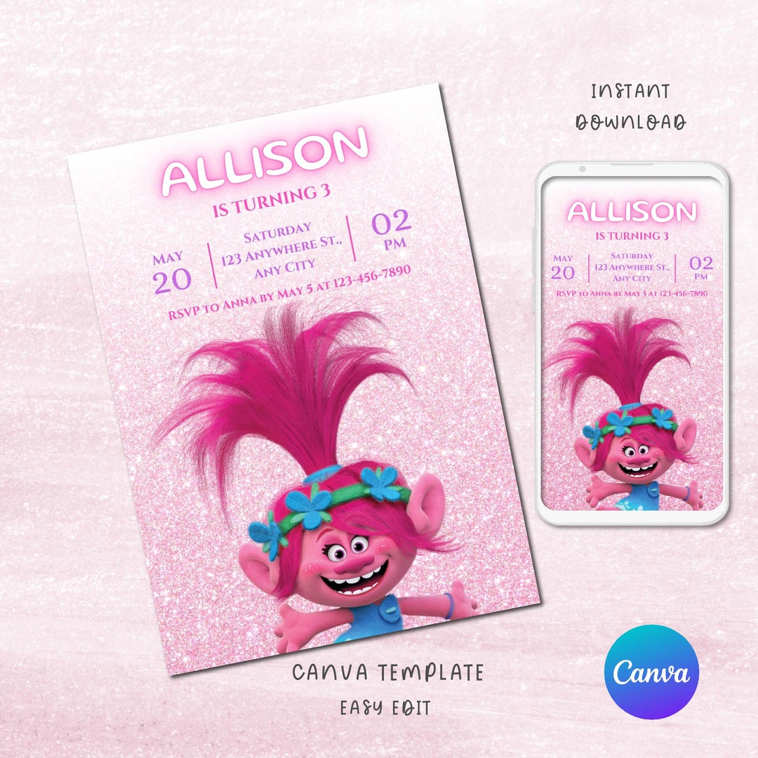 Editable Trolls Poppy Birthday Invitation | Trolls Girls Invite ...