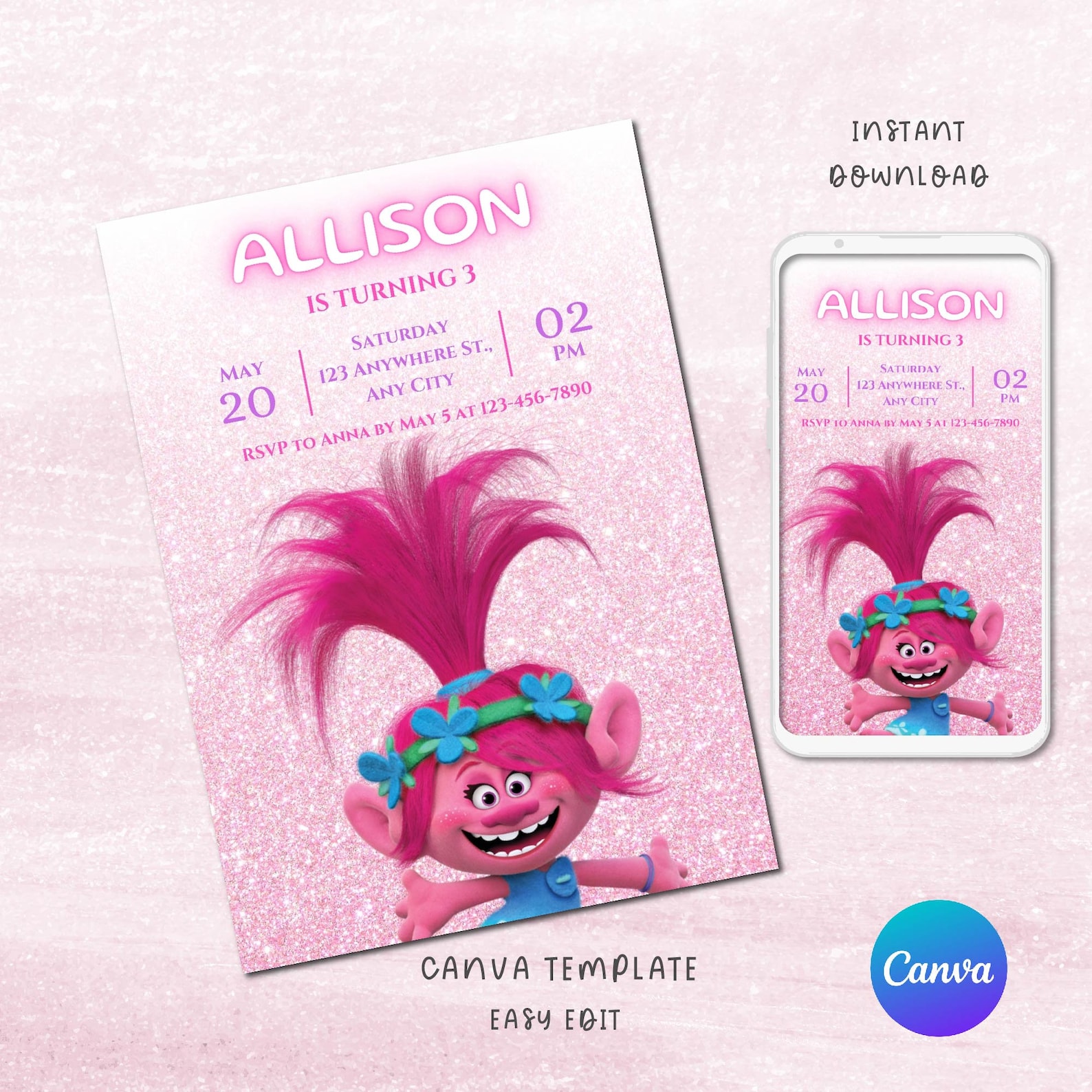 Editable Trolls Poppy Birthday Invitation | Trolls Girls Invite ...