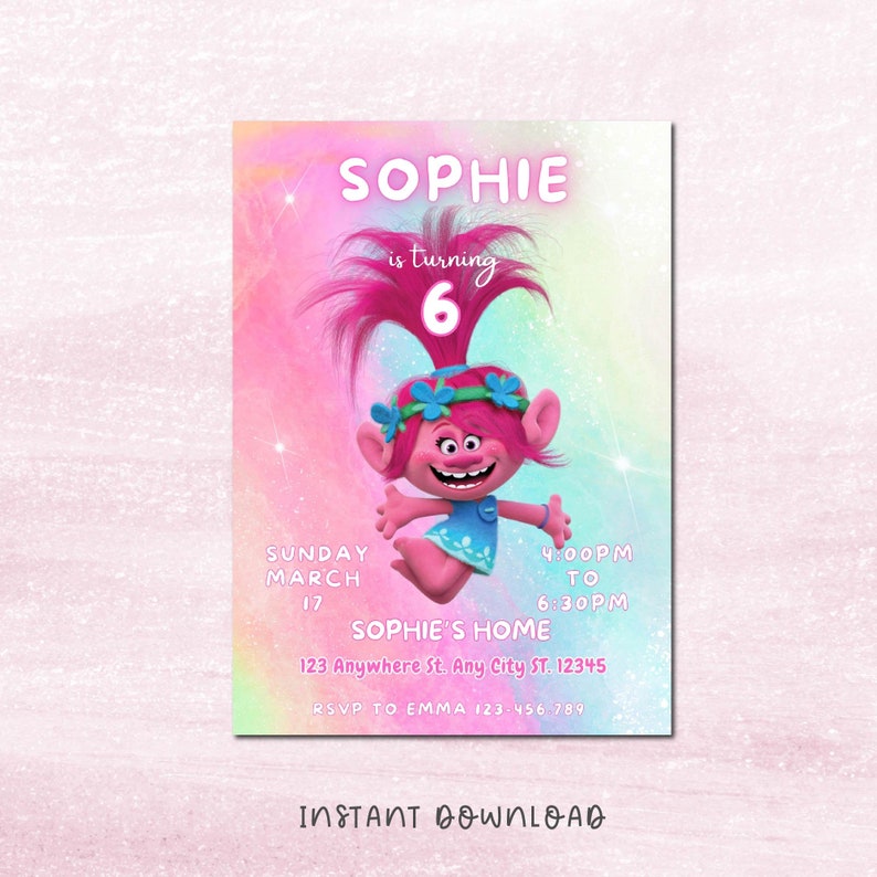 Editable Trolls Poppy Birthday Invitation | Trolls Girls Invite ...
