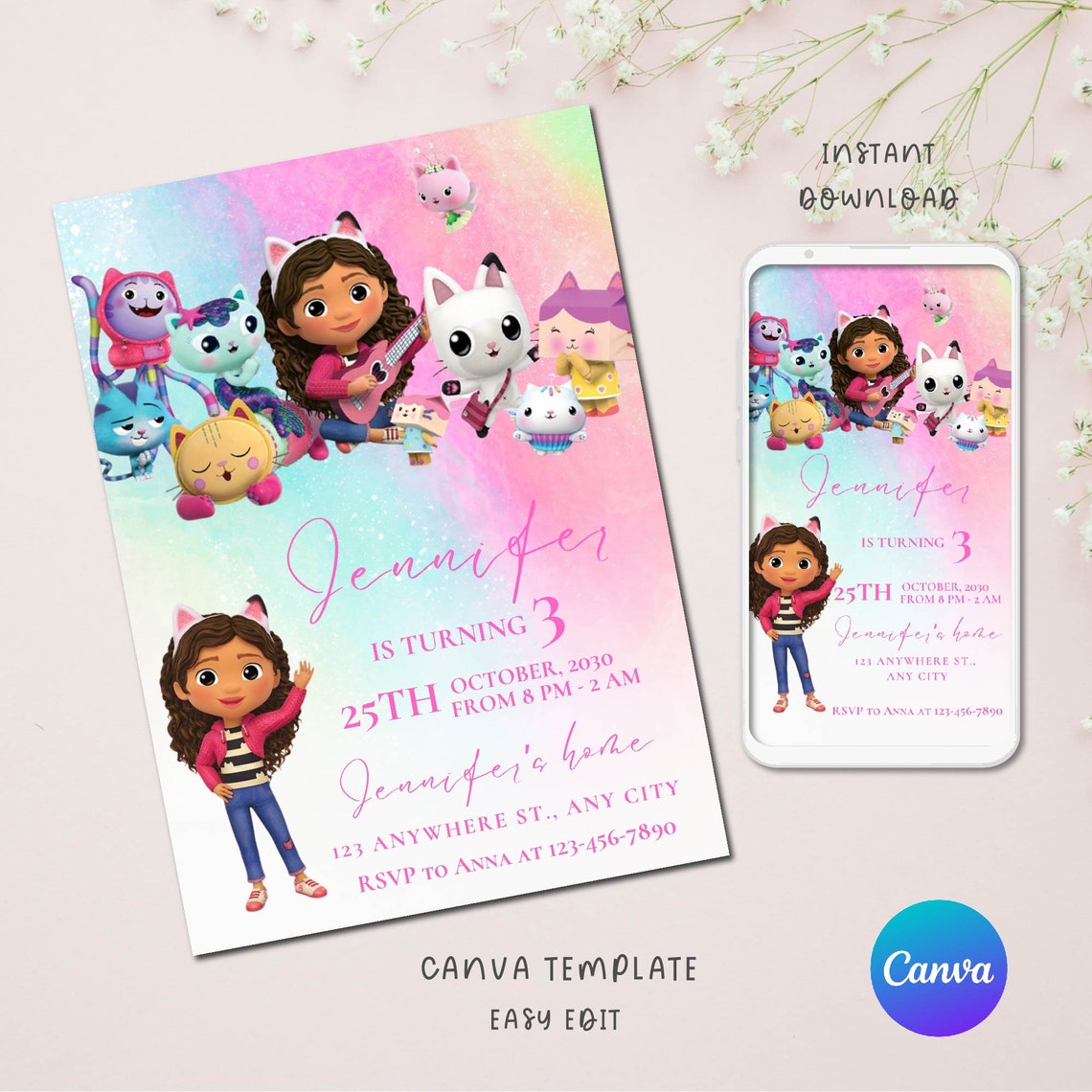 Editable Gabby's Dollhouse Birthday Invitation Template, Printable ...