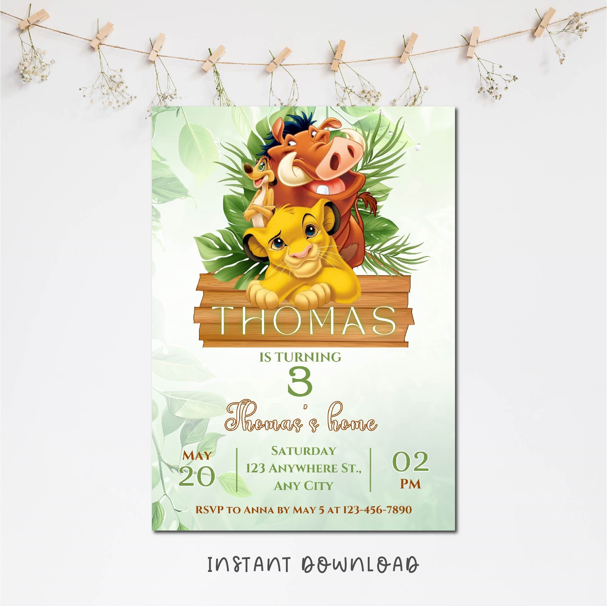 Lion King Birthday Invitation Boy Simba Timon Pumba Jungle Animals ...