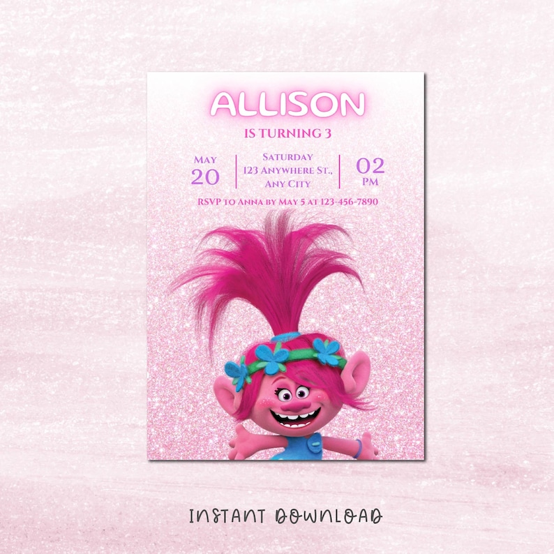 Editable Trolls Poppy Birthday Invitation | Trolls Girls Invite ...