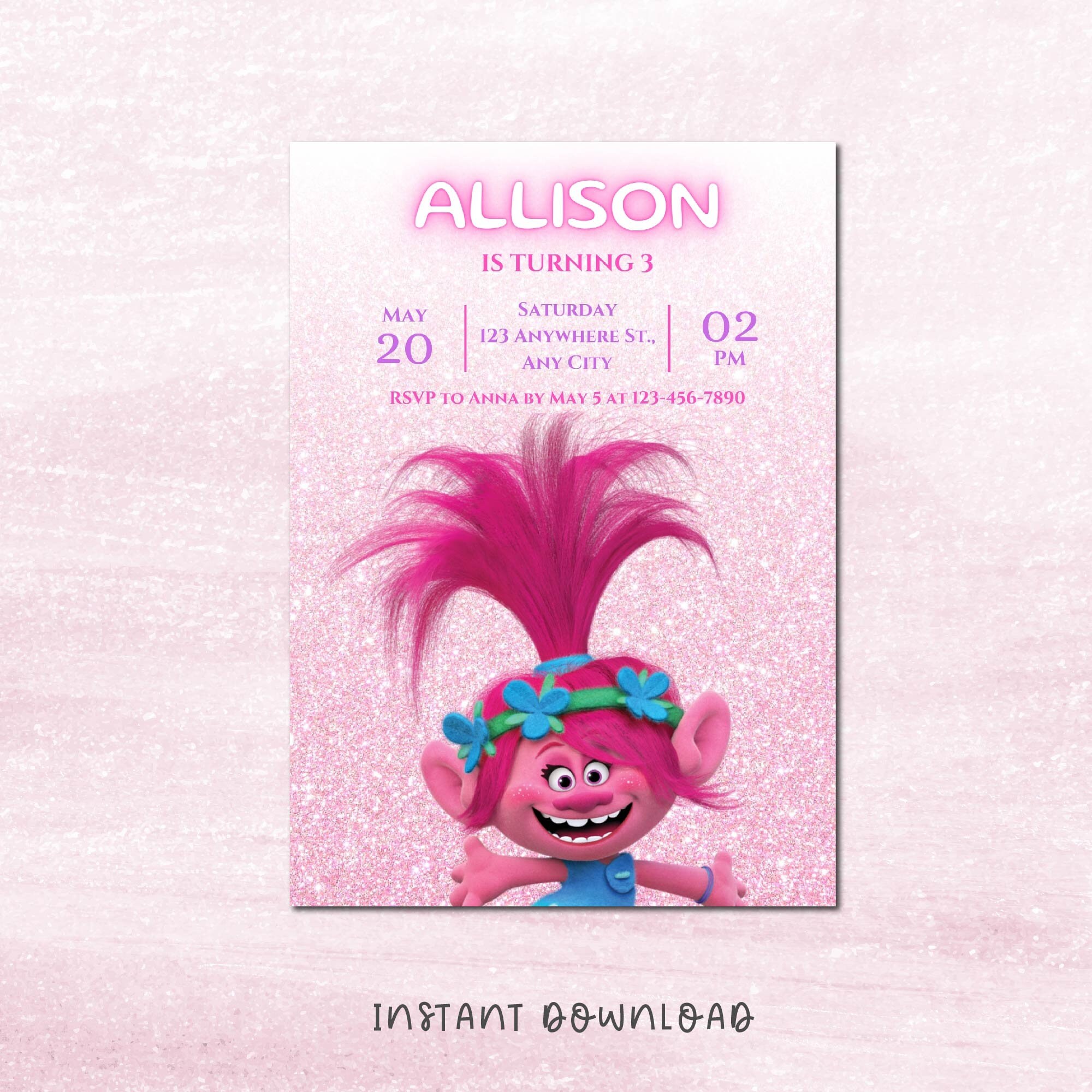 Editable Trolls Poppy Birthday Invitation | Trolls Girls Invite ...