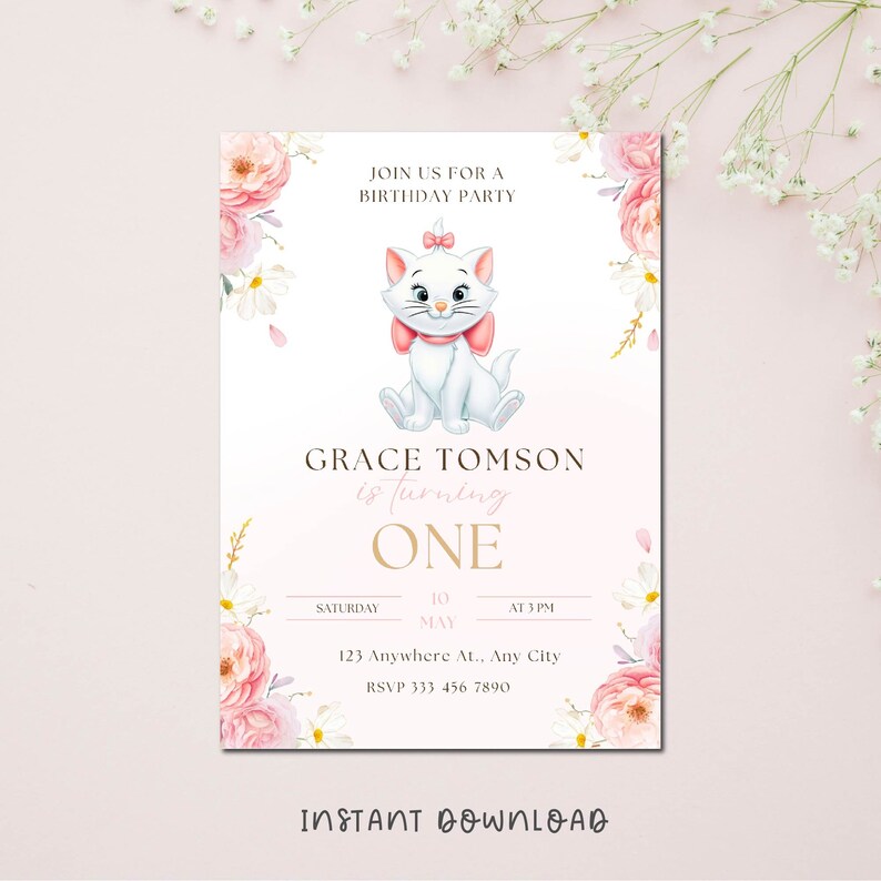 Marie & Aristocats Printable Invitation, Marie Aristocats Invite, Marie ...