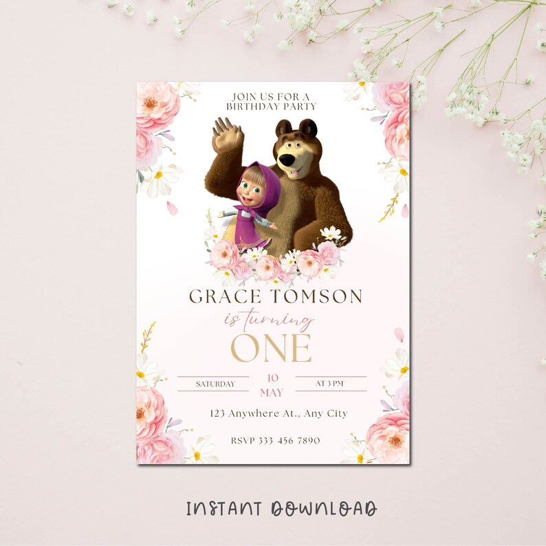 Editable Masha and the Bear Birthday Invitation Template, Printable ...