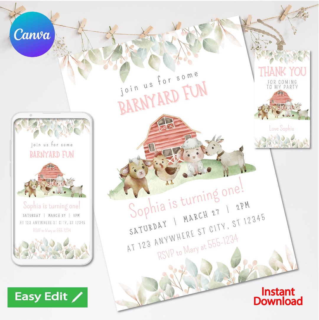 EDITABLE Farm Birthday Invitation, Barn Animals Party Invite Template ...