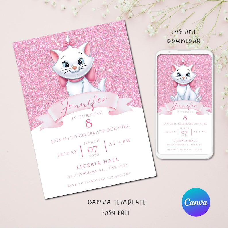 Marie & Aristocats Printable Invitation, Marie Aristocats Invite, Marie ...