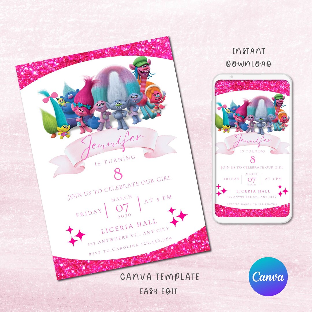 Editable Trolls Poppy Birthday Invitation | Trolls Girls Invite ...