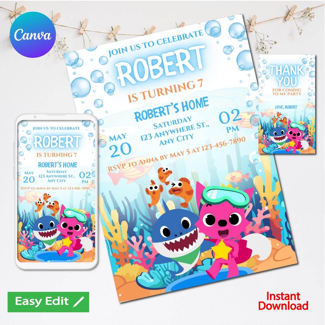 Baby Shark Birthday Invitations, Baby Shark Party Invite, Editable Baby ...