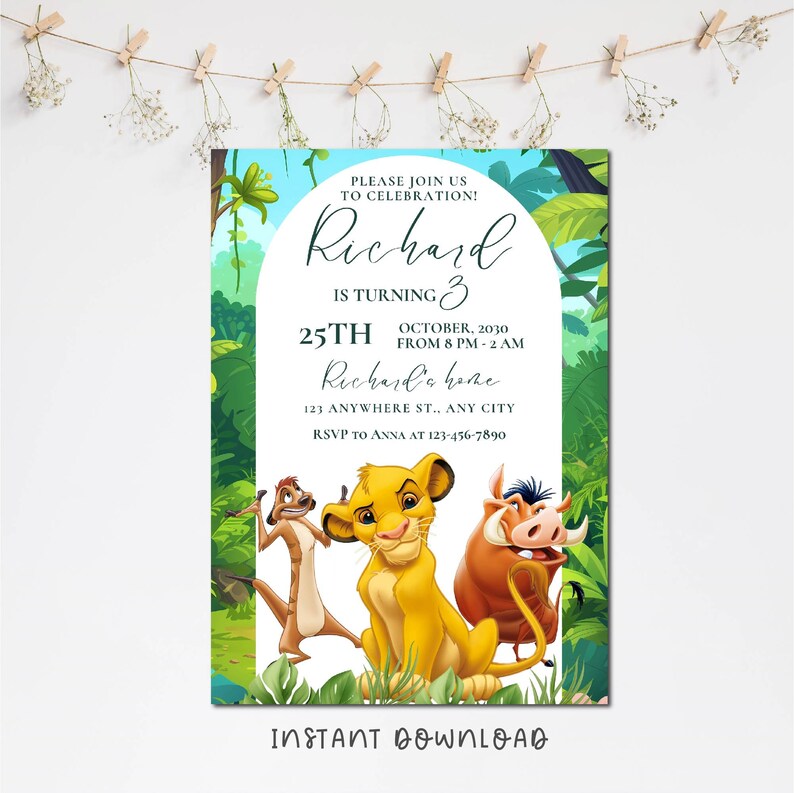 Lion King Birthday Invitation Boy Simba Timon Pumba Jungle Animals ...