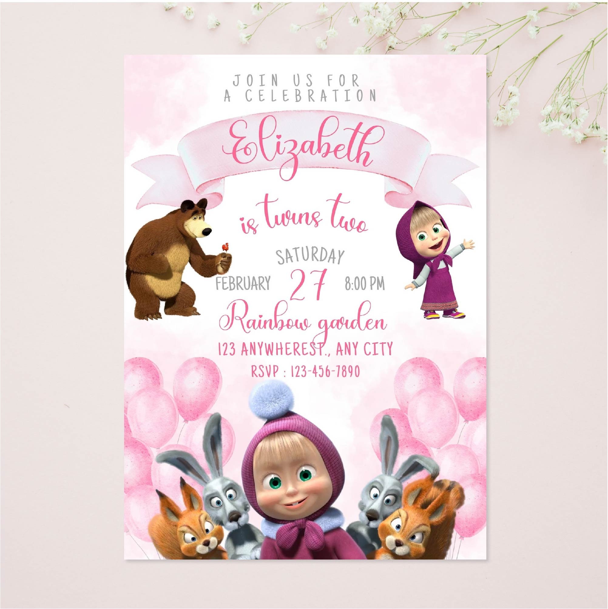 Editable Masha and the Bear Birthday Invitation Template, Printable ...