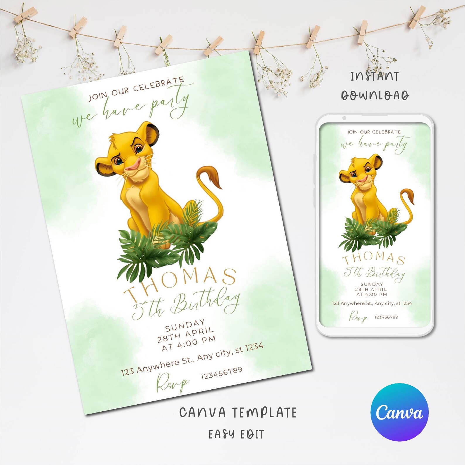 Lion King Birthday Invitation Boy Simba Timon Pumba Jungle Animals ...