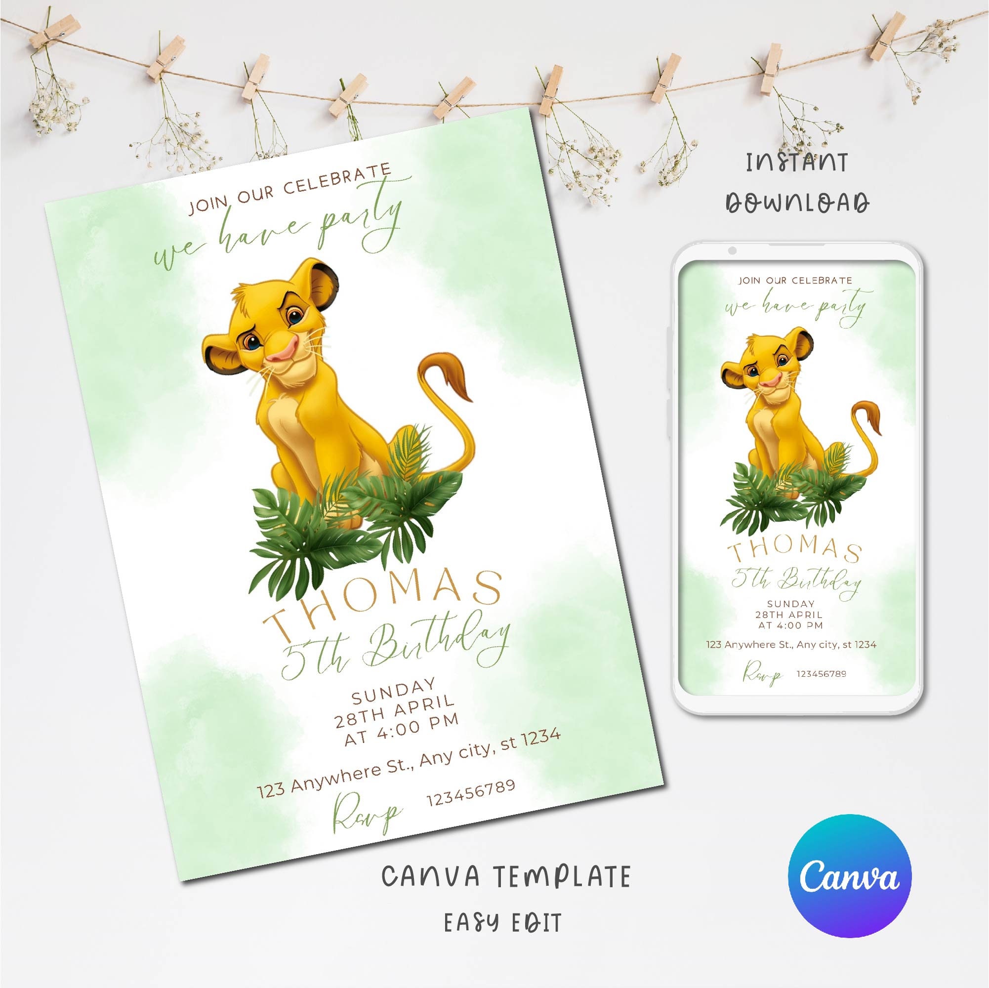 Lion King Birthday Invitation Boy Simba Timon Pumba Jungle Animals ...