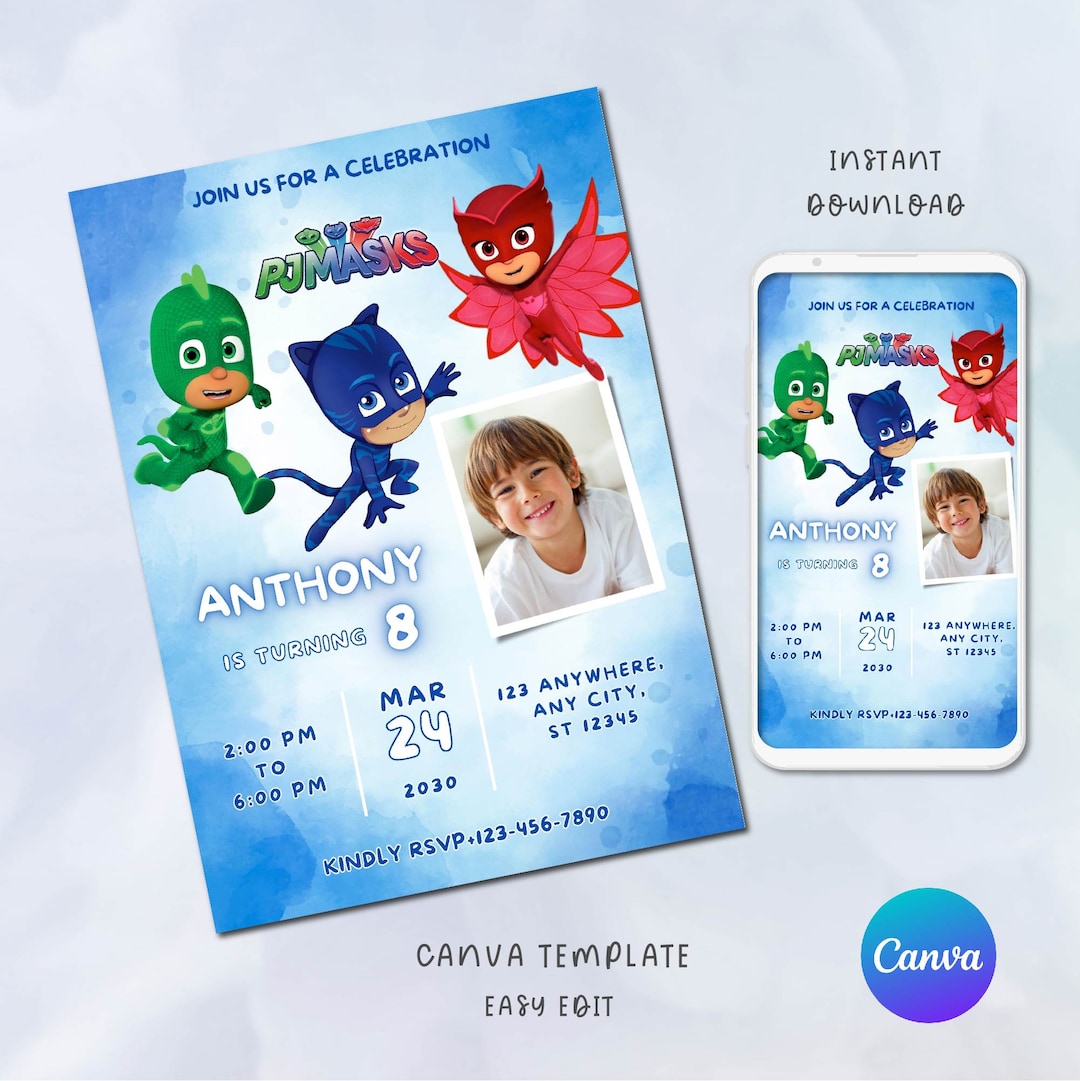 Editable Pj Masks Birthday Invitation Template, PJM Birthday Invitation ...