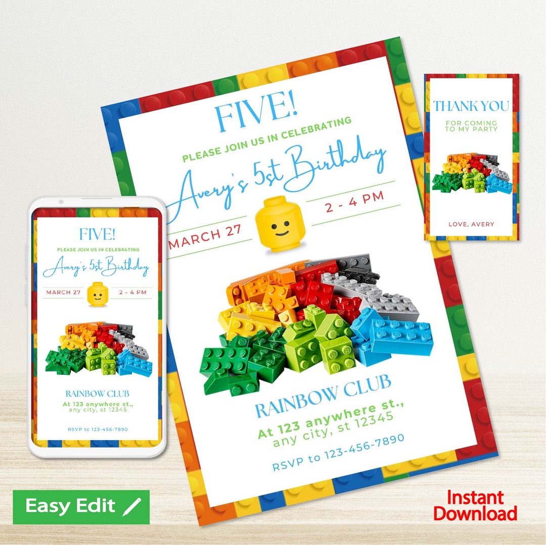 Building Blocks Birthday Invitation Building Bricks Kids Birthday Party ...