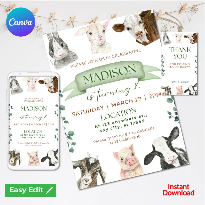 EDITABLE Farm Birthday Invitation, Barn Animals Party Invite Template ...