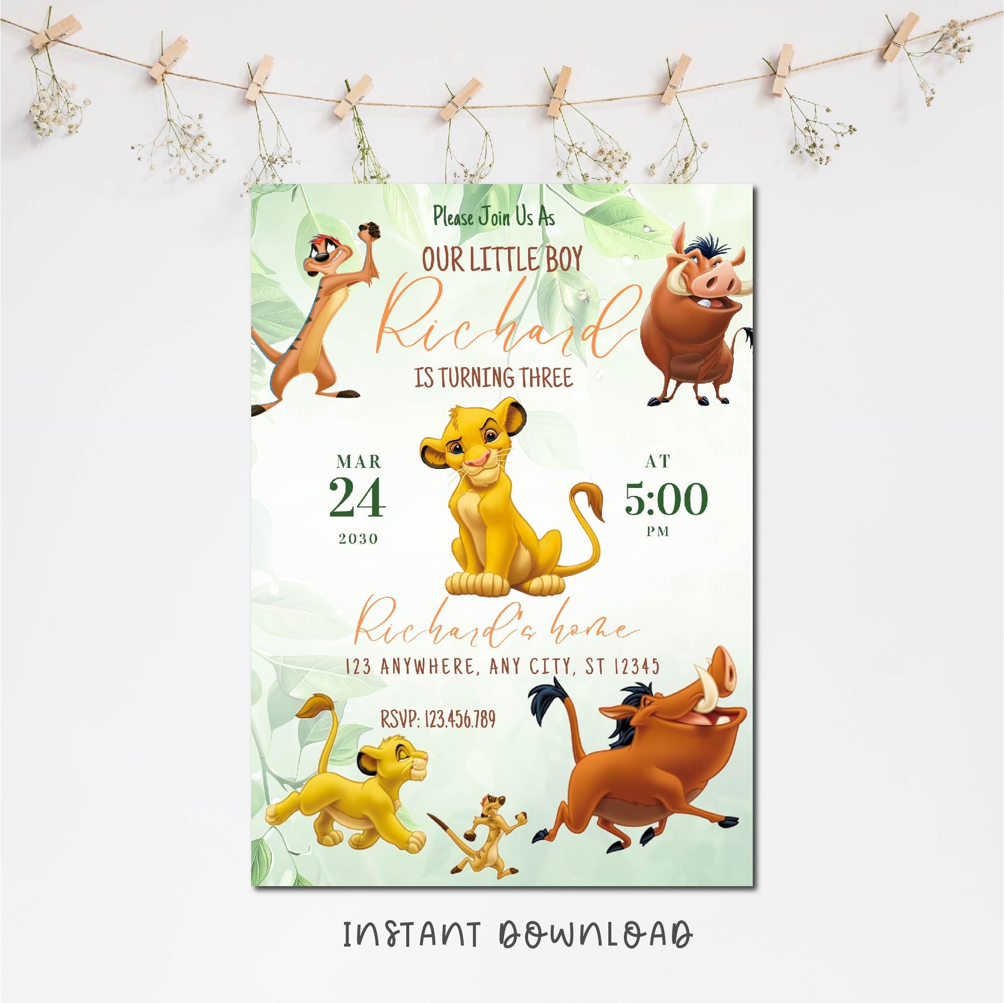 Lion King Birthday Invitation Boy Simba Timon Pumba Jungle Animals ...