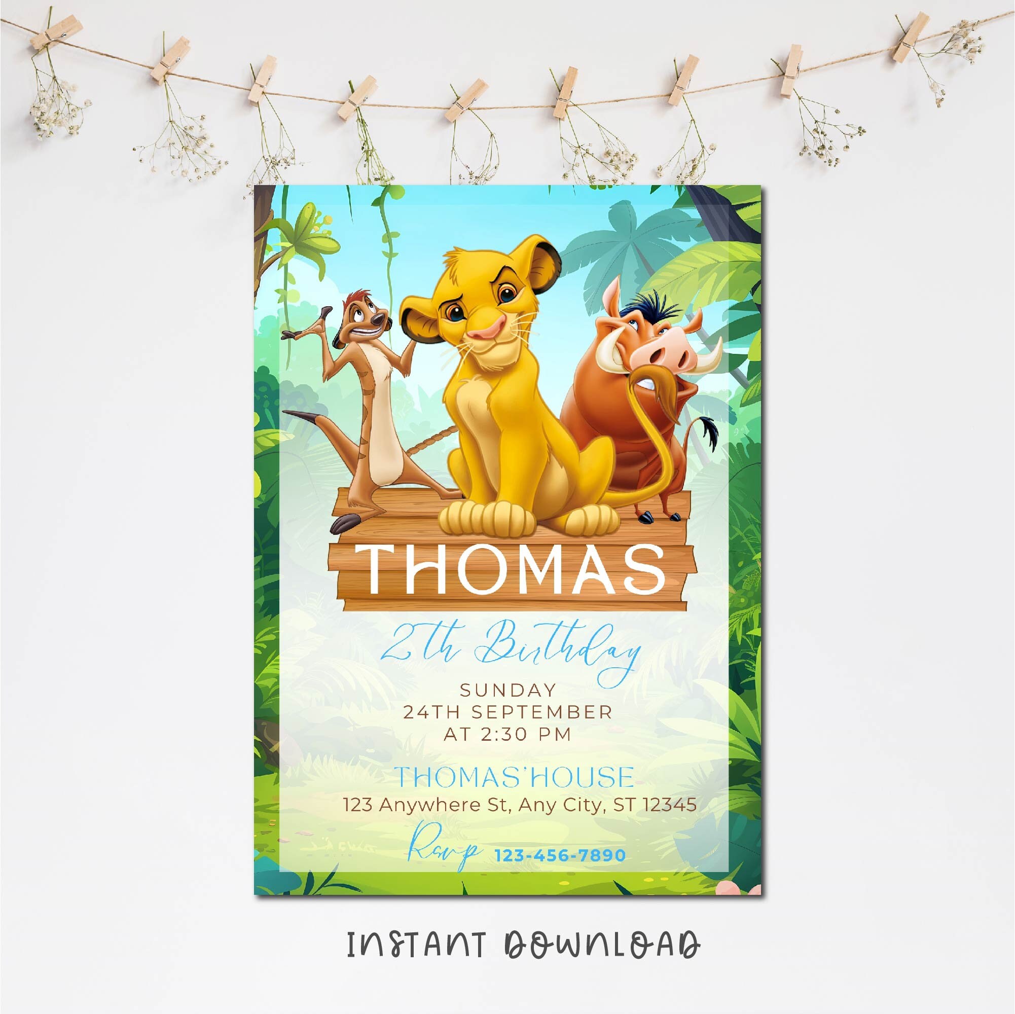 Lion King Birthday Invitation Boy Simba Timon Pumba Jungle Animals ...