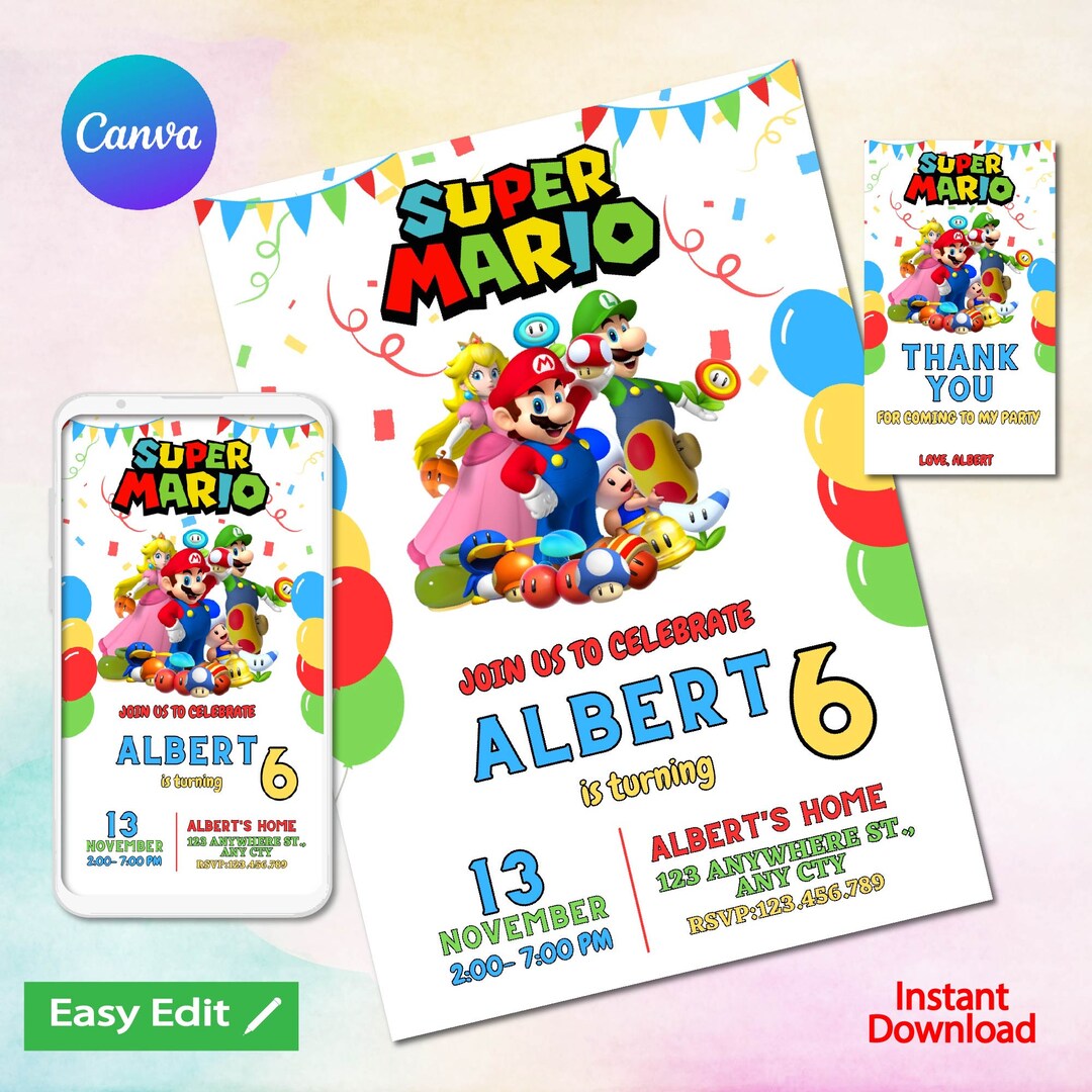 Mario Bros Invitation, Super Mario Birthday Invitation, Super Brothers ...