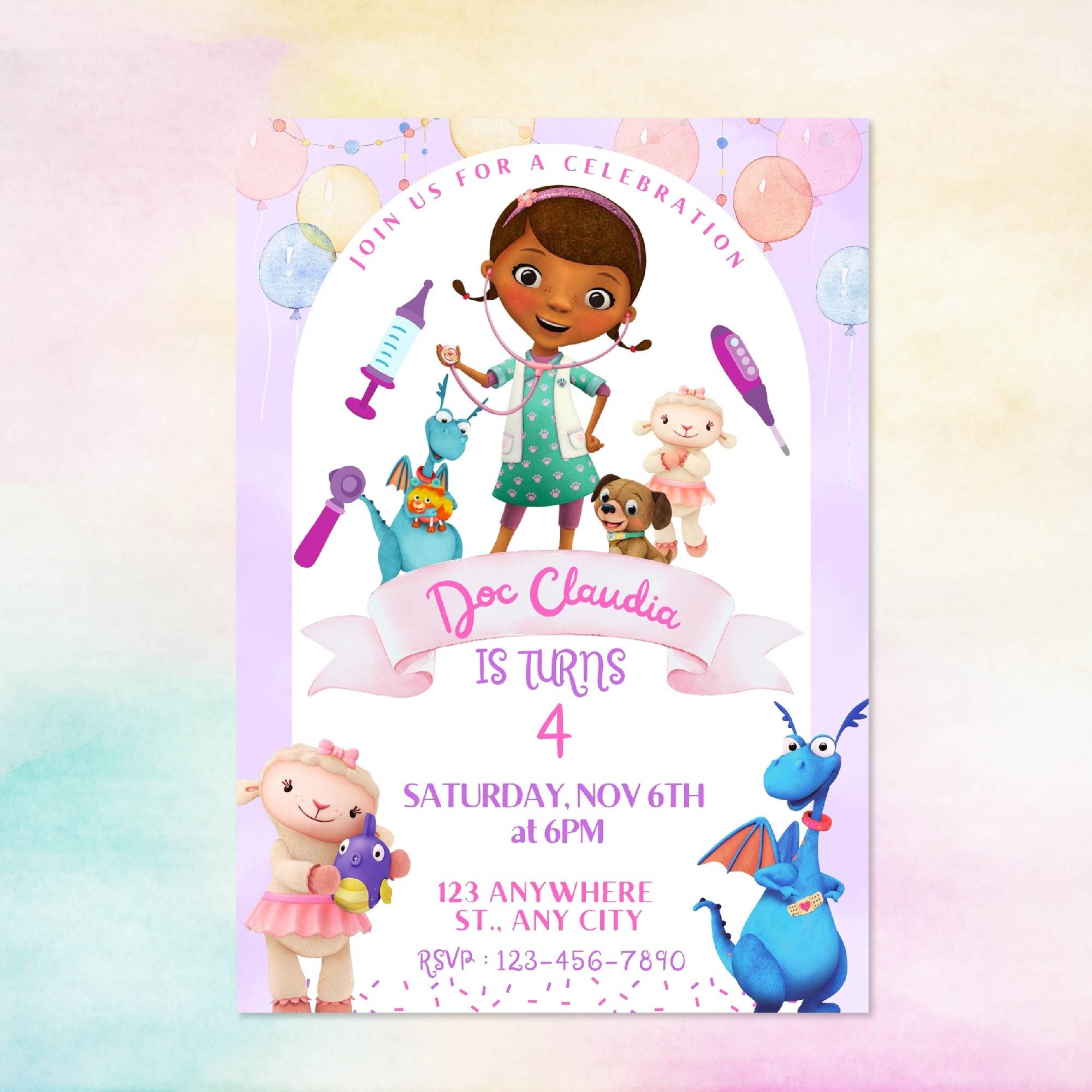 Doc Mcstuffins Birthday Invitation | Kids Digital Invitation | Girl ...