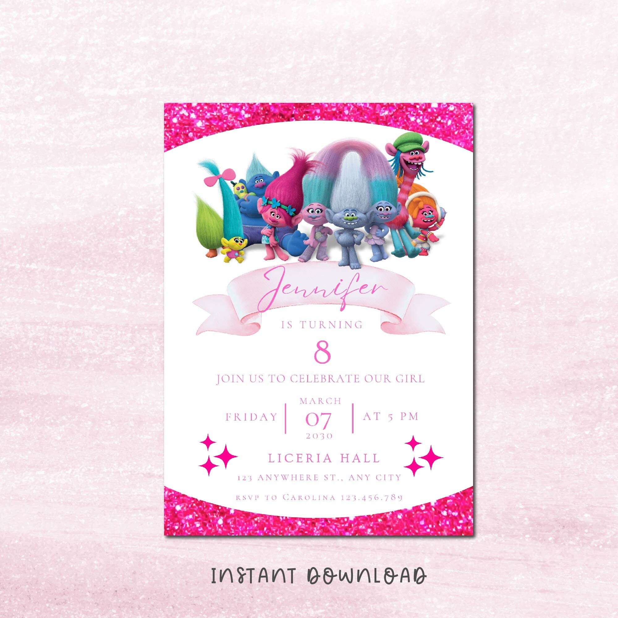 Editable Trolls Poppy Birthday Invitation | Trolls Girls Invite ...