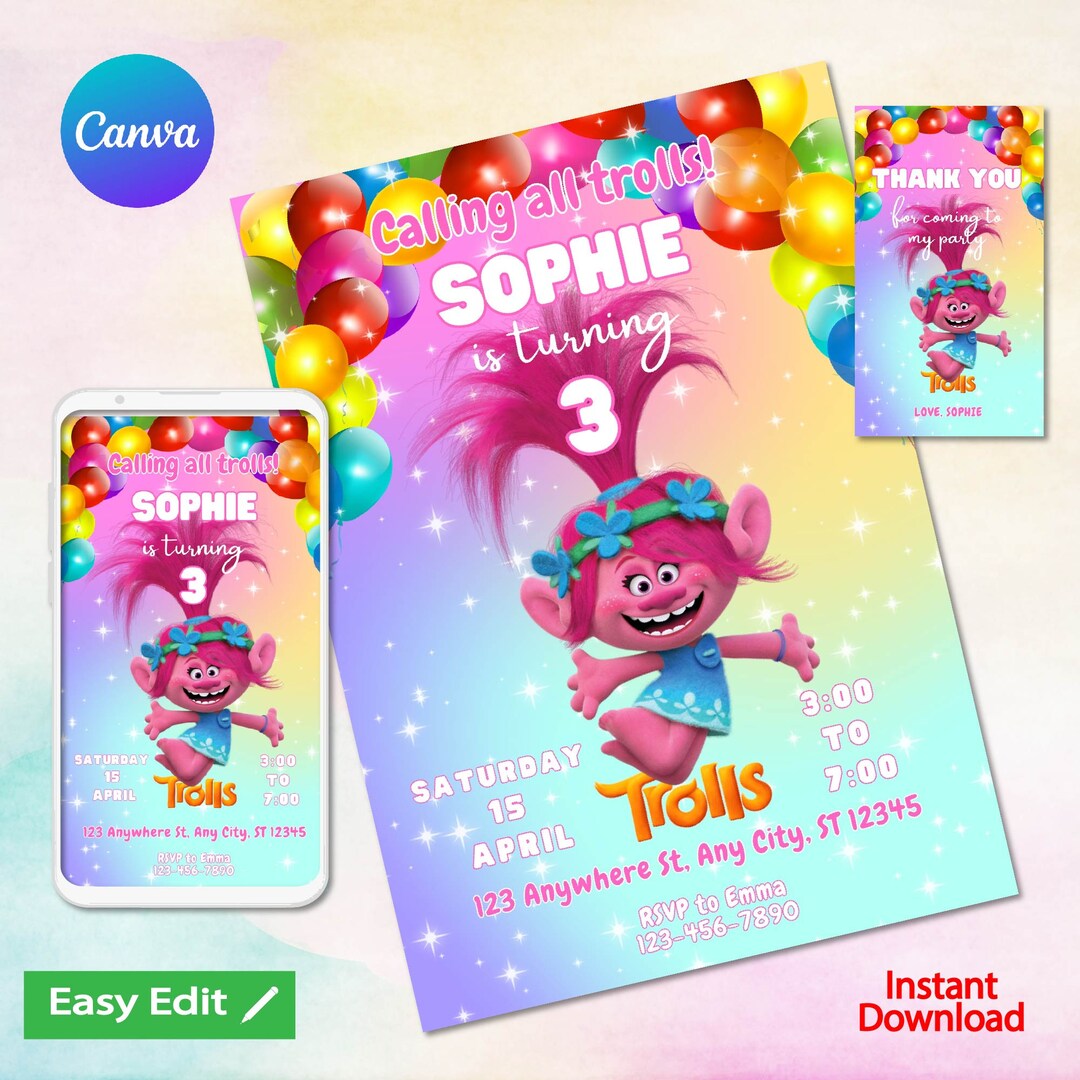 Editable Trolls Poppy Birthday Invitation | Trolls Girls Invite ...